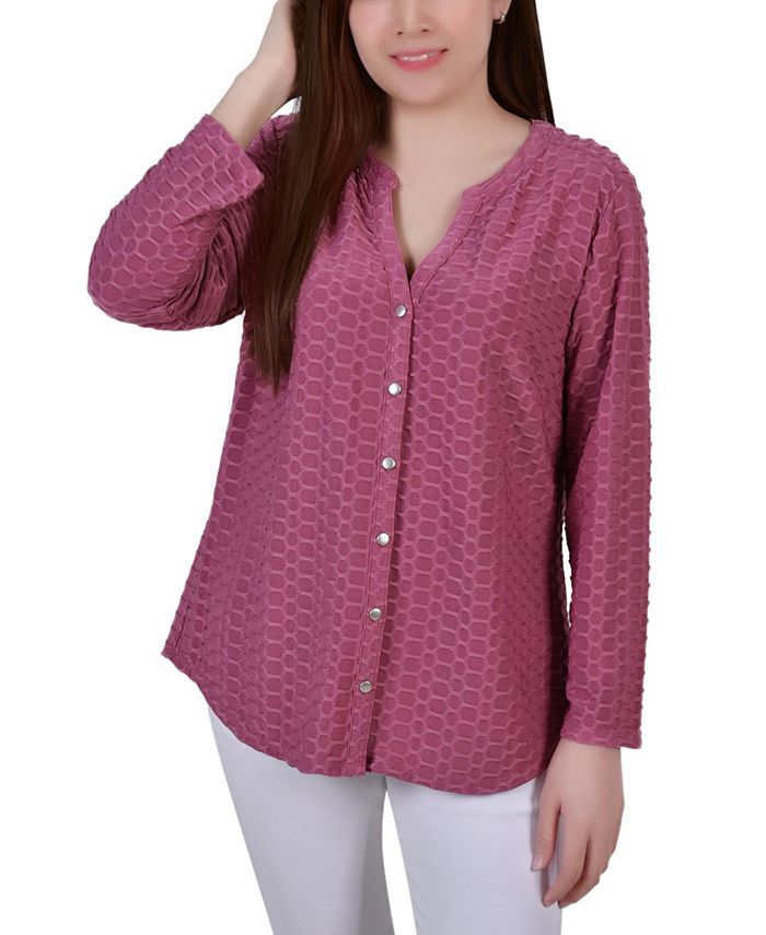 NY Collection Petite Long Sleeve Honeycomb Tunic Top - Macy's