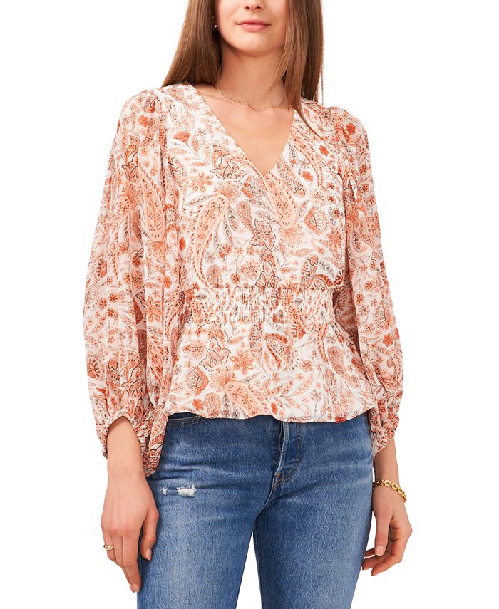 Sam & Jess V-Neck Floral-Print Smocked Peplum Top - Macy's