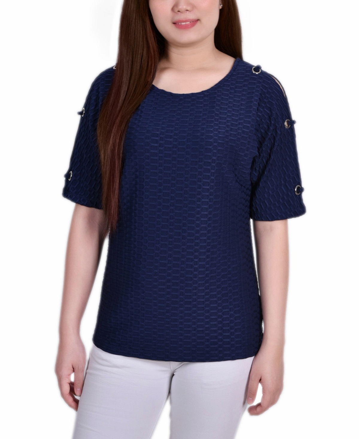Click here for Womens Short Sleeve Honeycomb Textured Grommet Top... prices