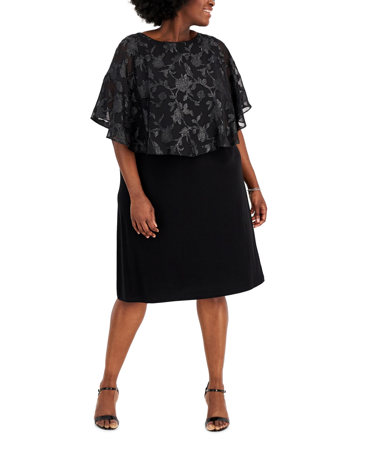 Connected Plus Size Embroidered Cape Overlay Dress In Black Modesens