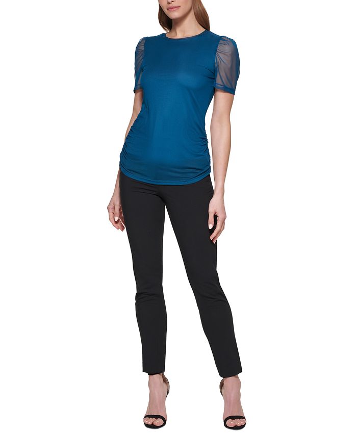 DKNY Petite Ruched Sheer-Sleeve Top - Macy's