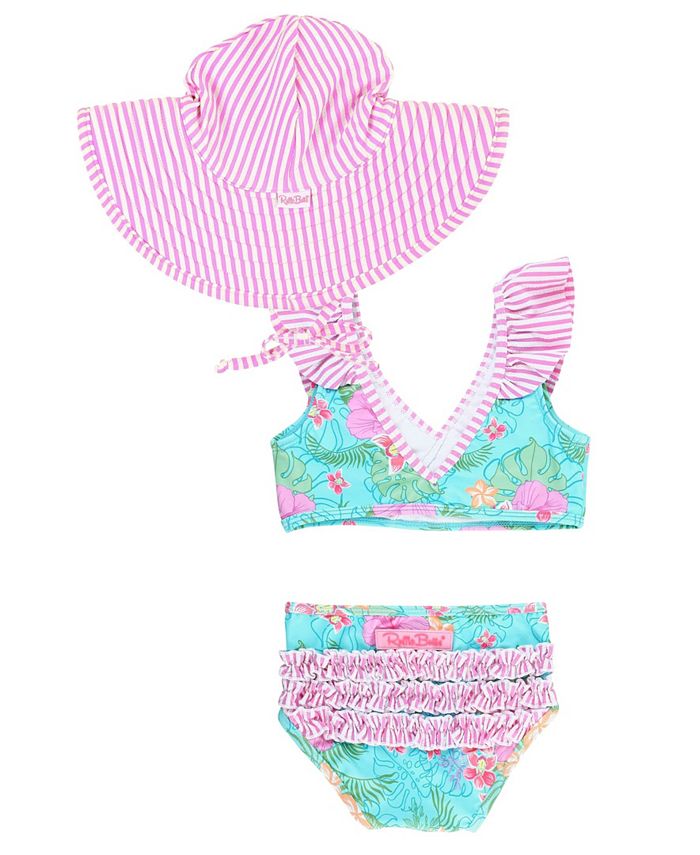 RuffleButts Baby Girls Ruffled Bikini Swimsuit with Hat, 3-Piece Set ...