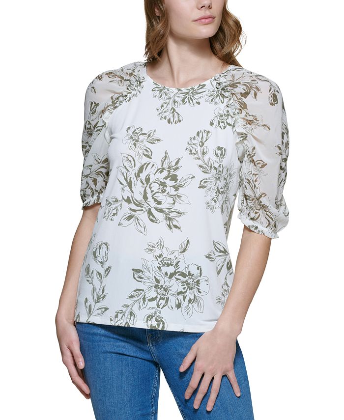 Calvin Klein Floral Print Chiffon Sleeve Top - Macy's