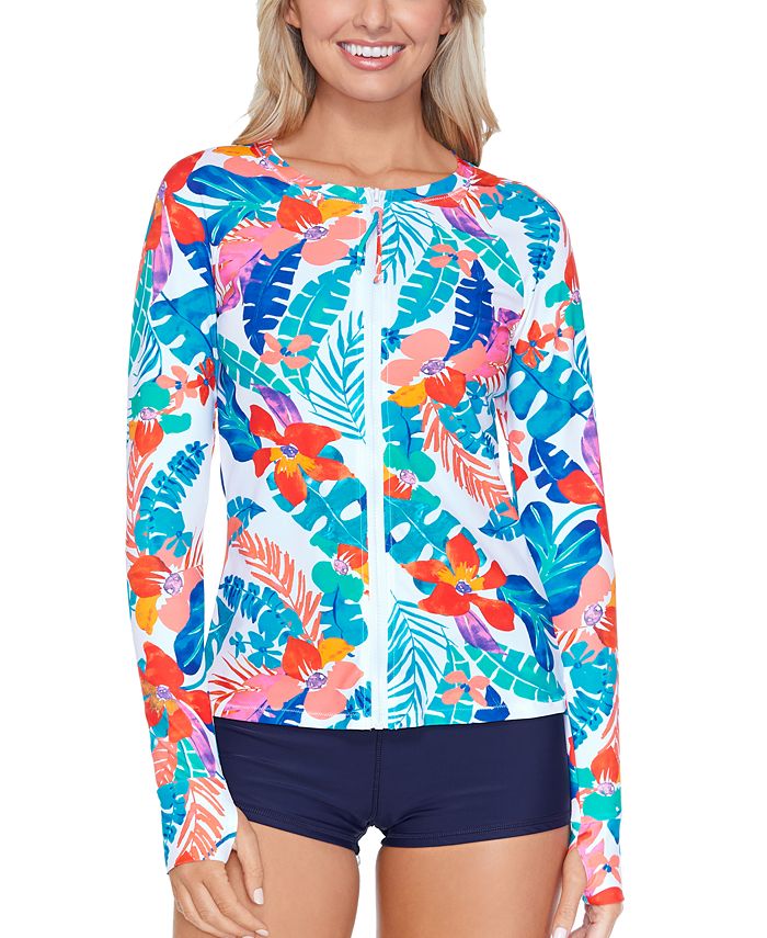 Raisins Juniors' Printed Front-Zip Thumbhole Rash Guard - Macy's