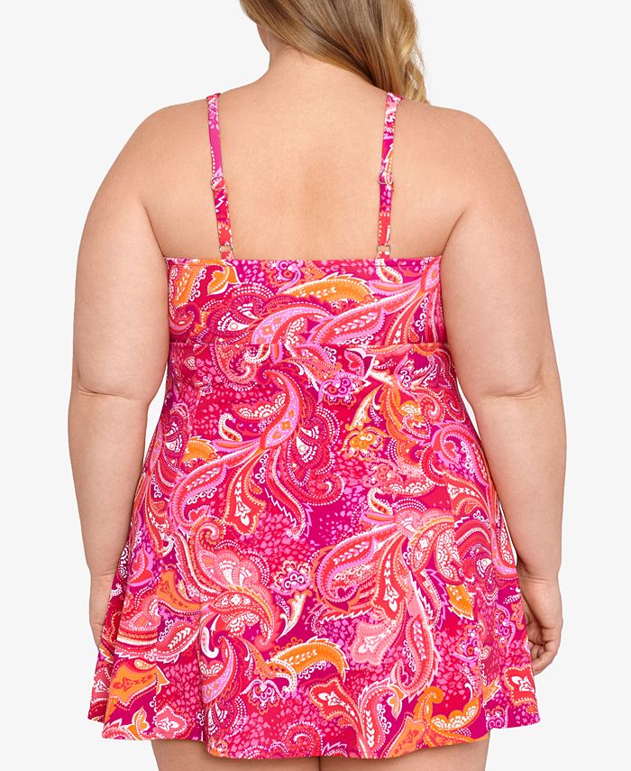 Swim Solutions Plus Size Printed Tummy Control Bow Front Swimdress