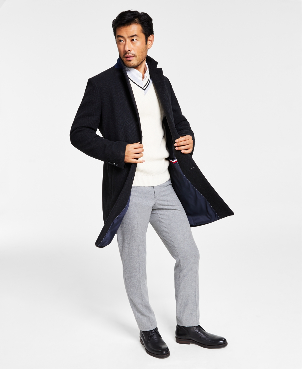 Click here for Tommy Hilfiger Mens Addison Wool-Blend Trim Fit Ov... prices