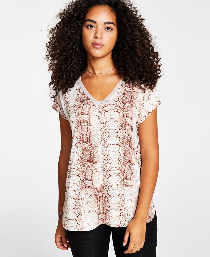 Bar III Women's Snake-Print Mesh-Trim V-Neck Top, Created for Macy's ...