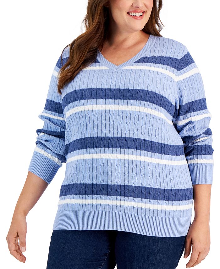 Karen Scott Plus Size Striped Cable-Knit Sweater, Created for Macy's - Macy's
