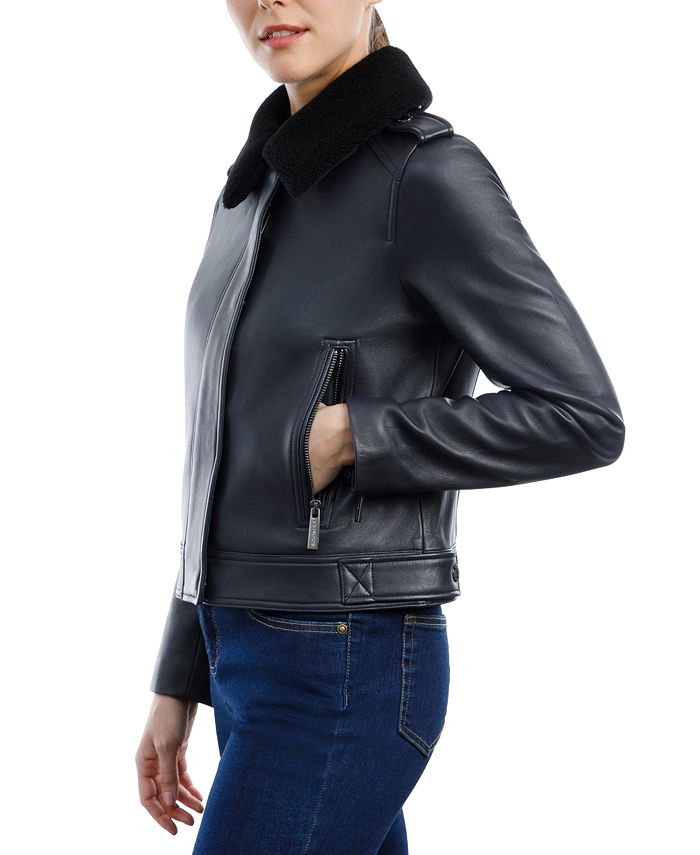Michael Kors Women's Fleece-Collar Leather Coat, Created for Macy's ...