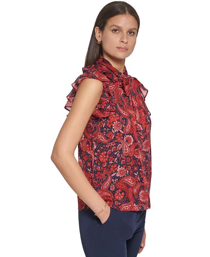 Tommy Hilfiger Women's Paisley-Print Tie-Neck Ruffle Top - Macy's