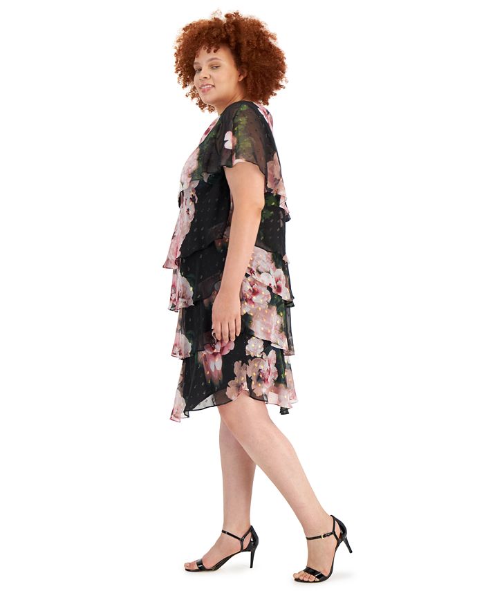 SL Fashions Plus Size Floral-Print Tiered Embellished-Neck Dress - Macy's