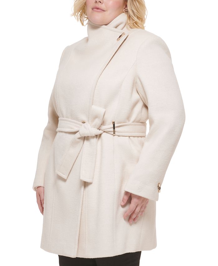 Calvin Klein Womens Plus Size Asymmetrical Belted Wrap Coat Created