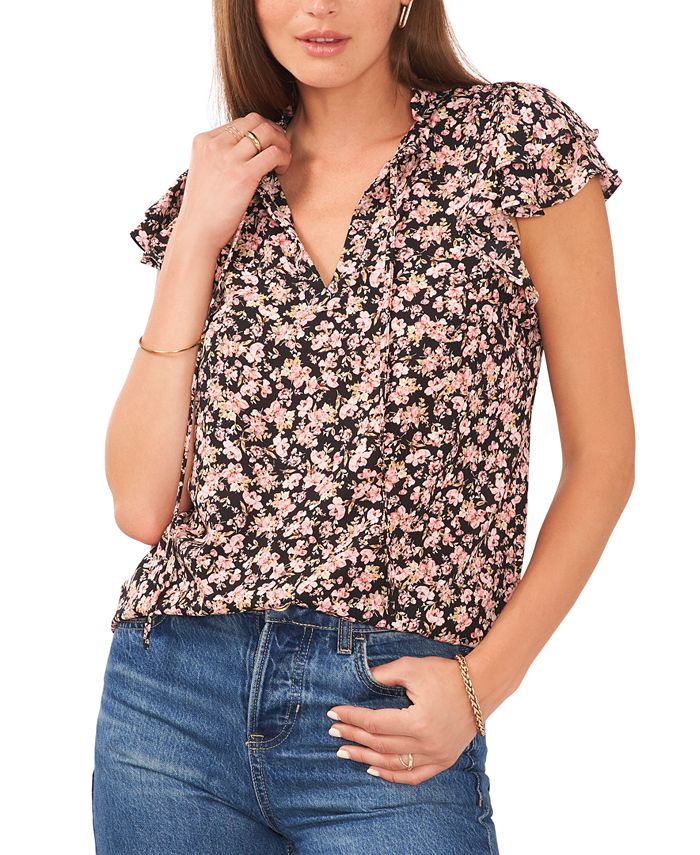 Sam & Jess Petite Printed Tie-Neck Flutter-Sleeve Top - Macy's