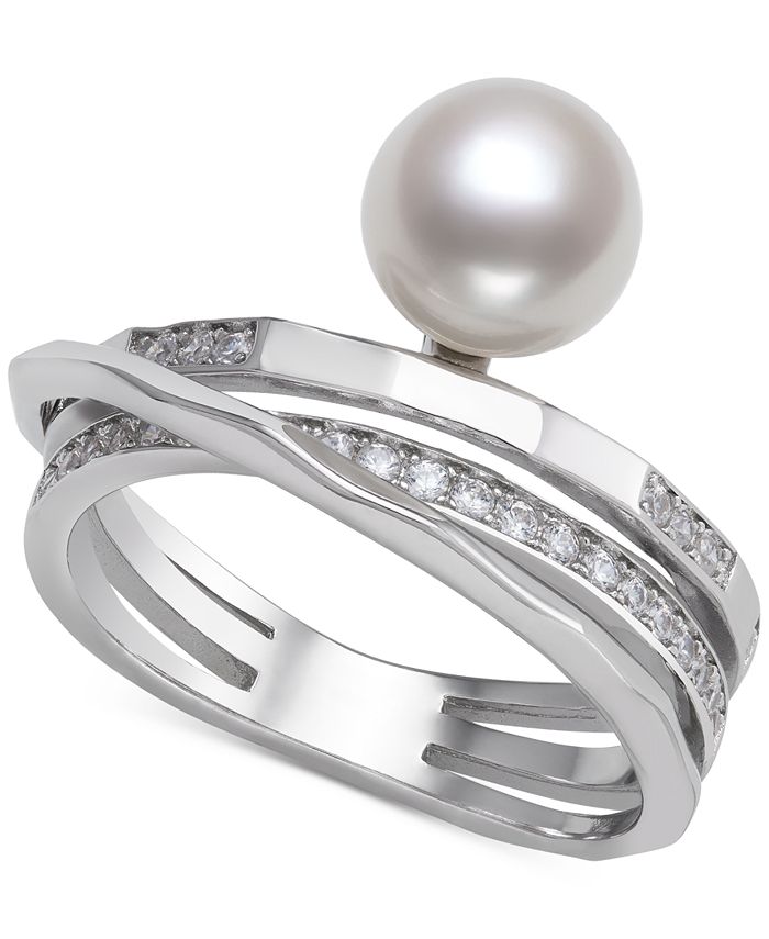 Belle de Mer Cultured Freshwater Button Pearl (7mm) & Cubic Zirconia ...