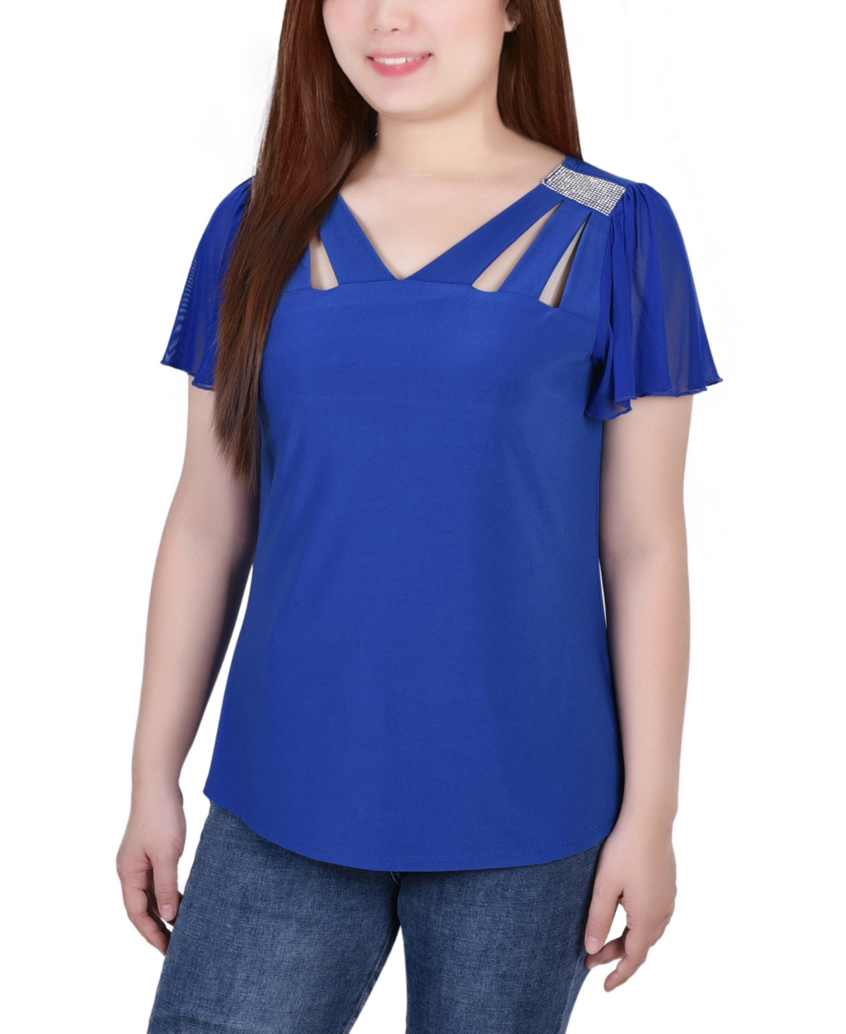 Click here for Womens Short Flutter Sleeve Top with Cutouts and S... prices