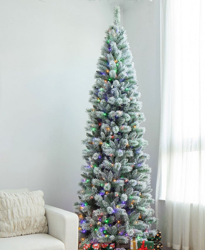 Glitzhome 9' Pre-Lit Flocked Pencil Pine Artificial Christmas Tree with 450 LED Lights - Macy's