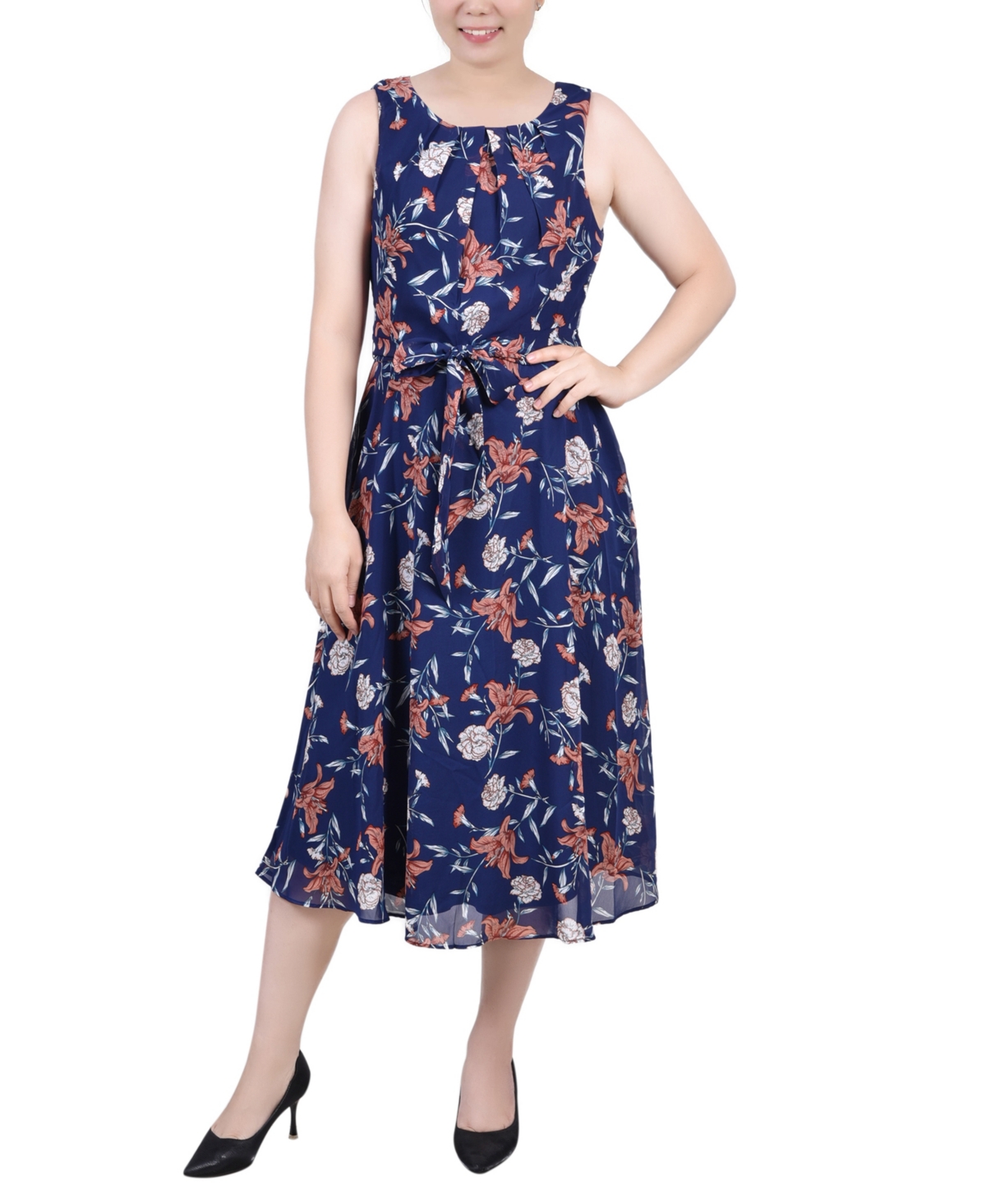 Click here for Petite Sleeveless Chiffon Belted Dress - Navy Flor... prices