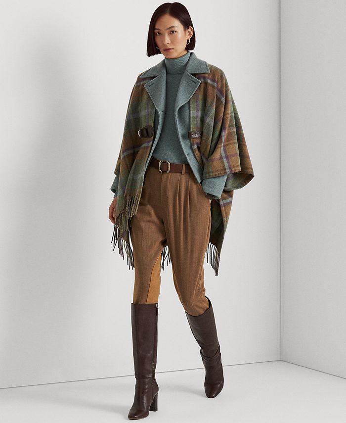 Lauren Ralph Lauren Plaid Fringe-Trim Wool-Blend Poncho - Macy's