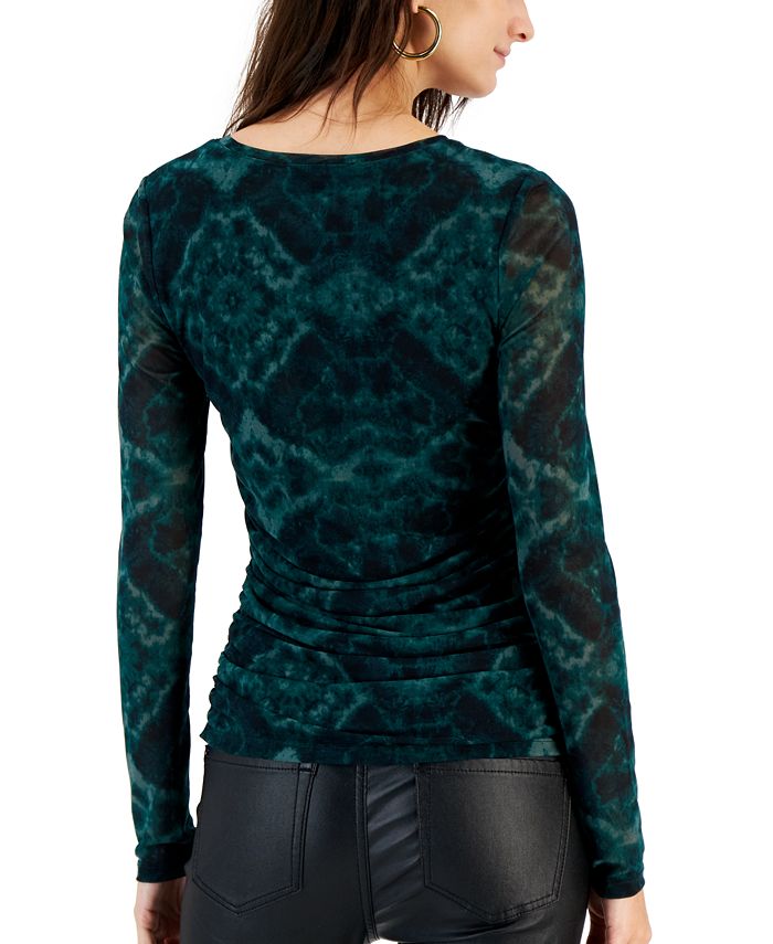 INC International Concepts Women's Printed Side-Ruched Sheer-Sleeve Top ...