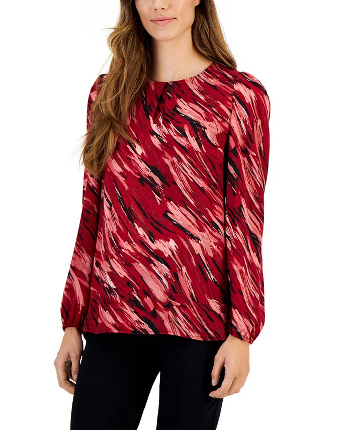 Kasper Women's Pleat-Neck Printed Long-Sleeve Top - Macy's