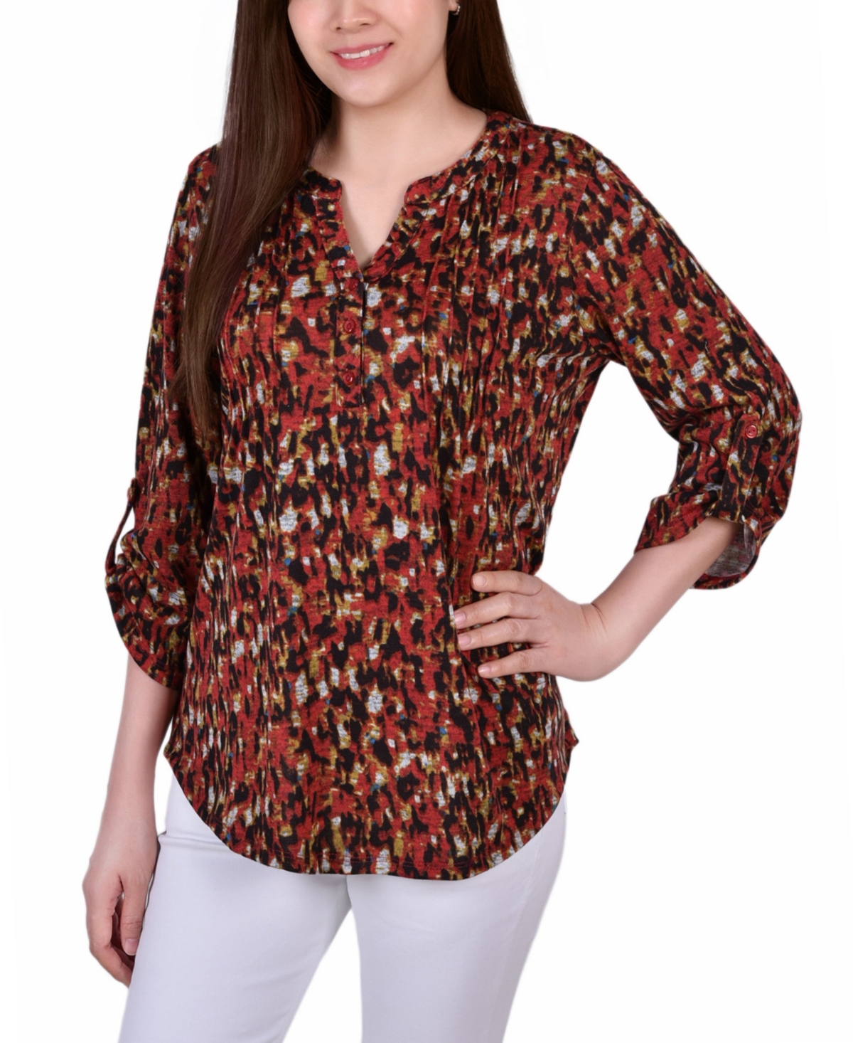 Click here for Petite Size 3/4 Roll Sleeve Top - Red Black Abstra... prices