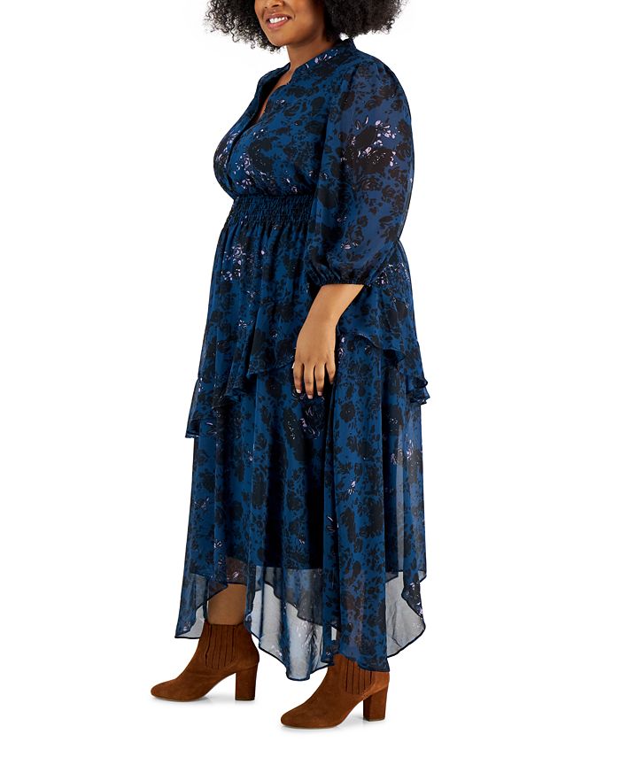 Taylor Plus Size Printed V-Neck Tiered Tie-Waist Dress - Macy's