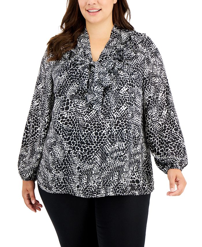 Kasper Plus Size Printed Ruffled Long-Sleeve Blouse - Macy's