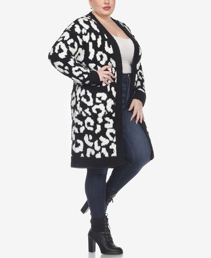 White Mark Plus Size Leopard Print Open Front Sherpa Sweater - Macy's