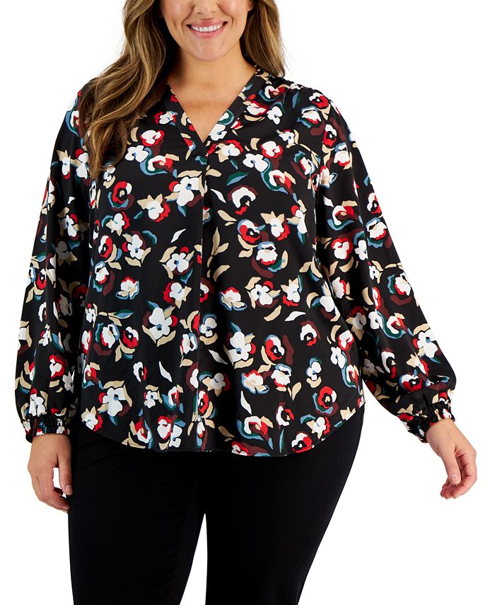 Alfani Plus Size Printed V-Neck Long-Sleeve Top, Created for Macy's ...