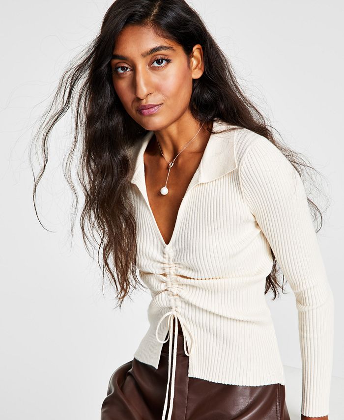 Lucy Paris Women's Collared Drawstring Rib-Knit Sweater - Macy's