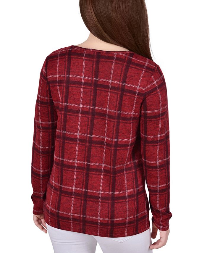 NY Collection Petite Long Sleeve Knit Keyhole with Studs Top - Macy's