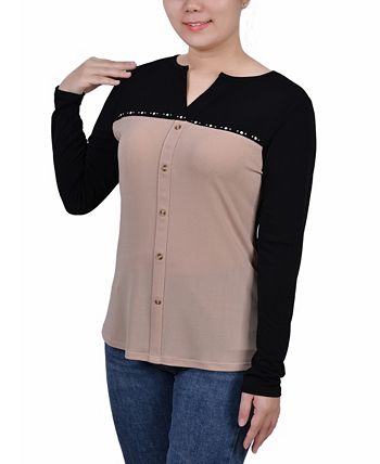 NY Collection Petite Long Sleeve Studded Colorblocked Split Neck Top ...