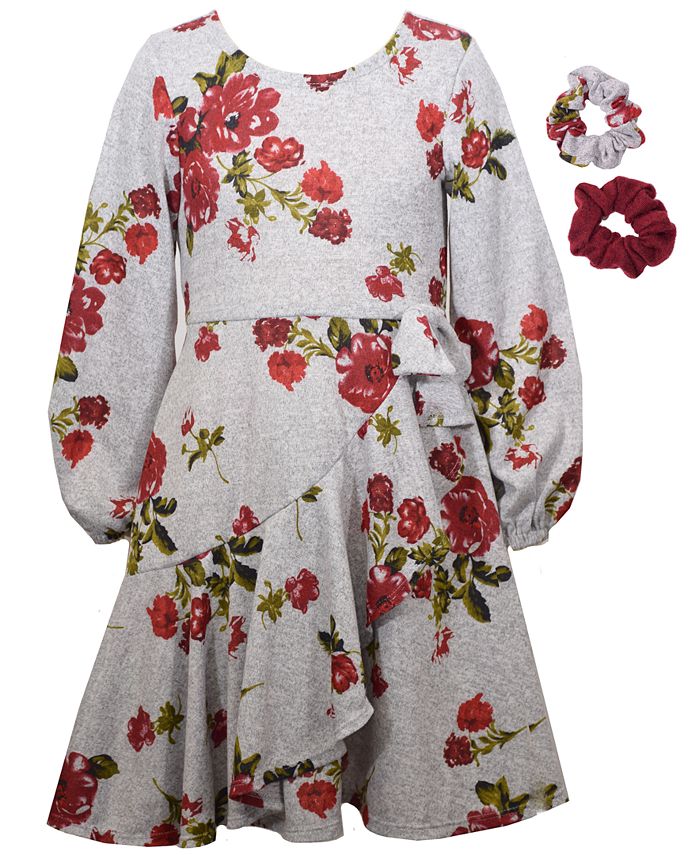 Bonnie Jean Big Girls Floral Wrap Dress and Matching Scrunchies - Macy's