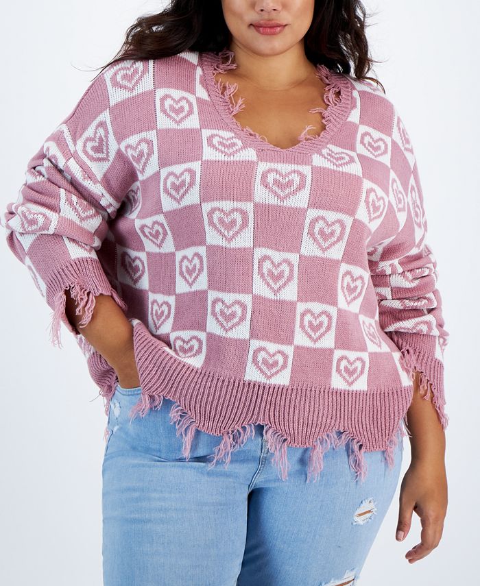 Just Polly Trendy Plus Size Mini Hearts Destructed Sweater - Macy's