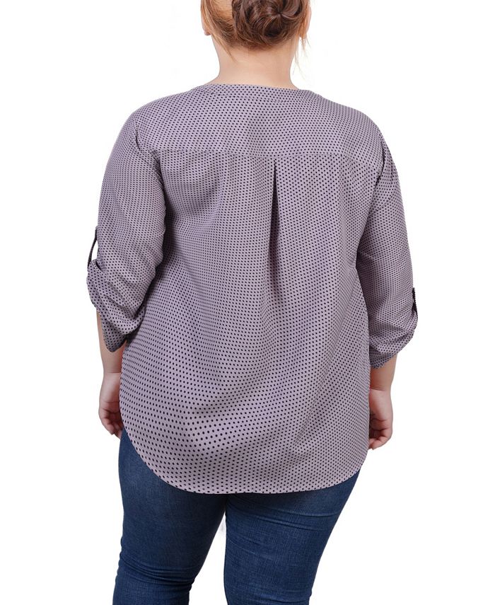 NY Collection Plus Size 3/4 Sleeve Roll Tab Y Neck Blouse - Macy's