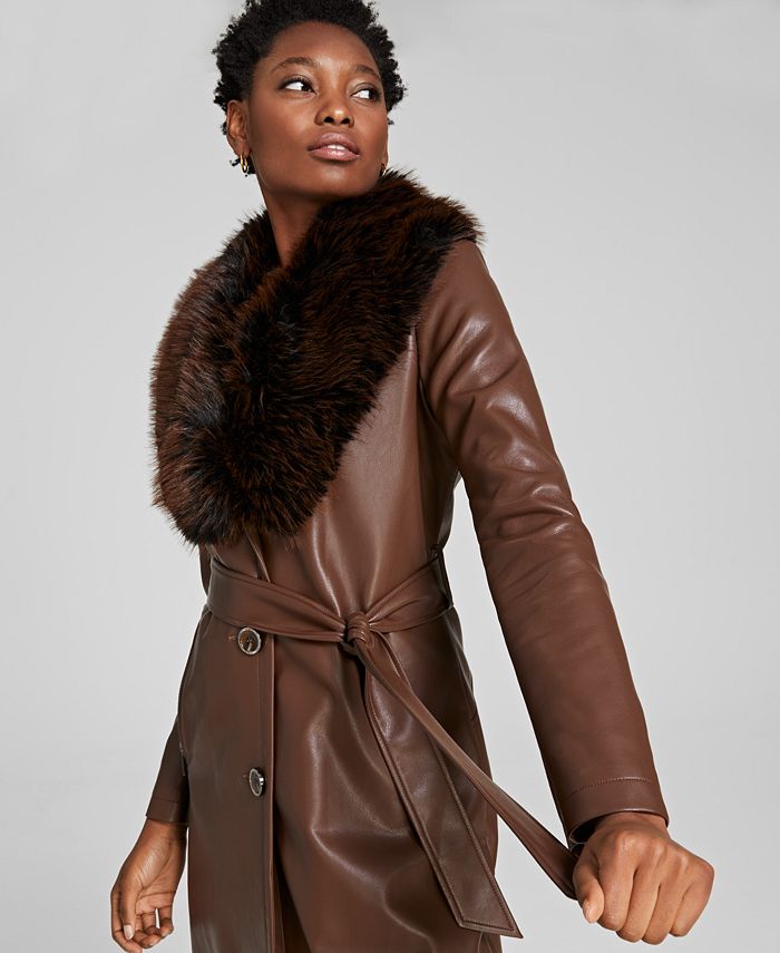 Kenneth Cole Women's Faux-Fur-Trim Faux-Leather Coat - Macy's