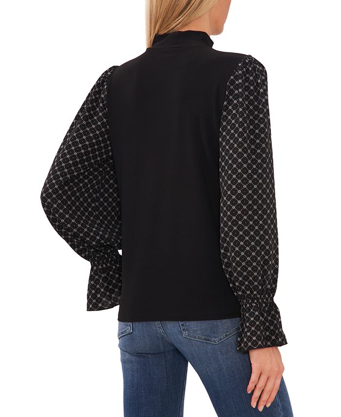 CeCe Women's Mixed-Media Mock-Neck Smocked-Cuff Knit Top - Macy's