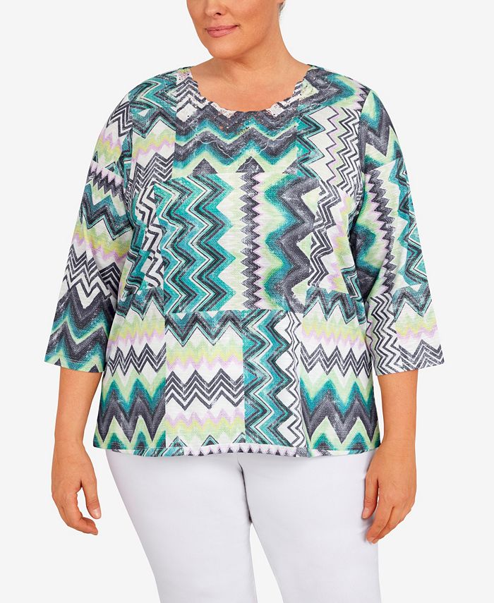 Alfred Dunner Plus Size The Big Easy Crew Neck 3/4 Sleeve Chevron Print ...
