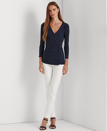 Lauren Ralph Lauren Women's Polka-Dot Stretch Jersey Surplice Top - Macy's