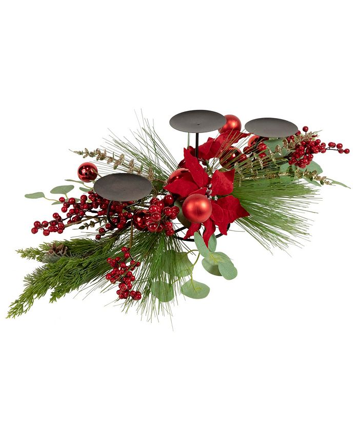Northlight Triple Candle Holder With Berry and Poinsettia Christmas ...