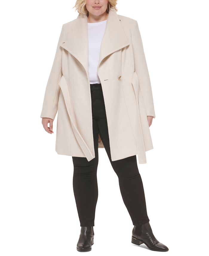 Calvin Klein Womens Plus Size Asymmetrical Belted Wrap Coat Created