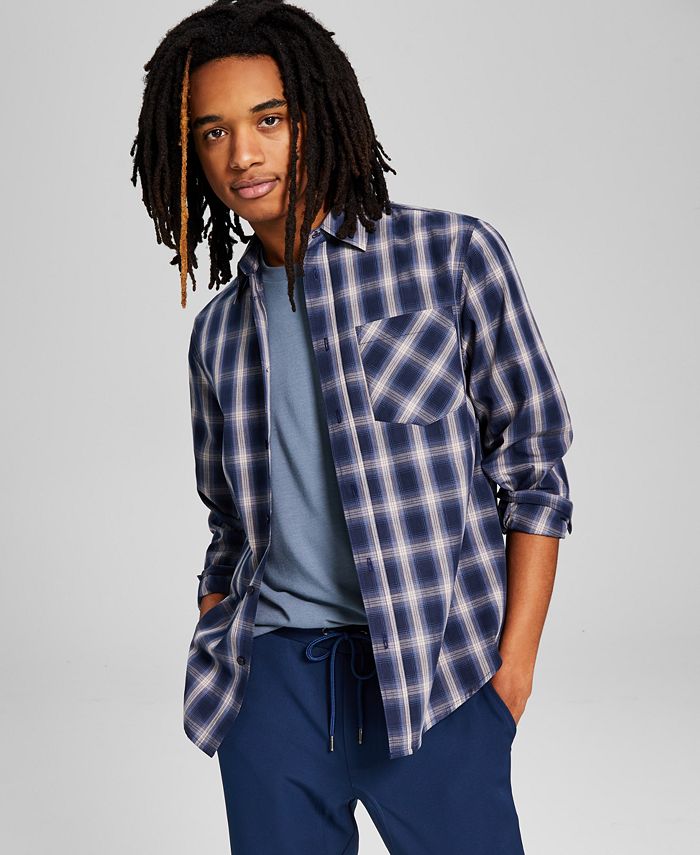 And Now This Men's Woven Plaid Long-Sleeve Button-Up Shirt - Macy's