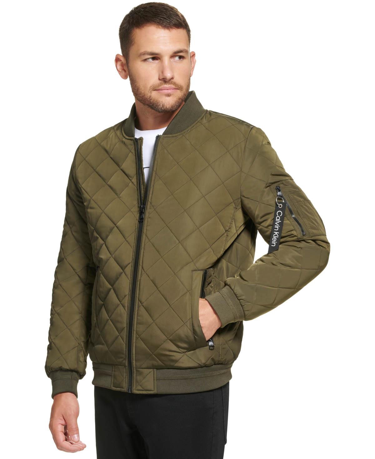 Calvin Klein Mens Quilted Baseball Jacket with Rib-Knit Trim - Olivine