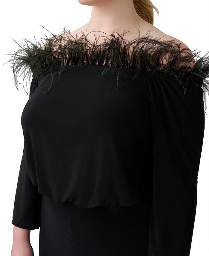 Adrianna Papell Plus Size Feather-Trim Off-The-Shoulder Jumpsuit ...