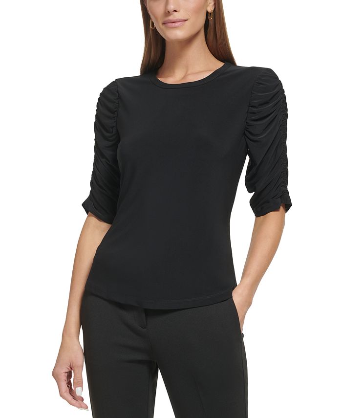 DKNY Petite Round-Neck Ruched-Short-Sleeve Top - Macy's