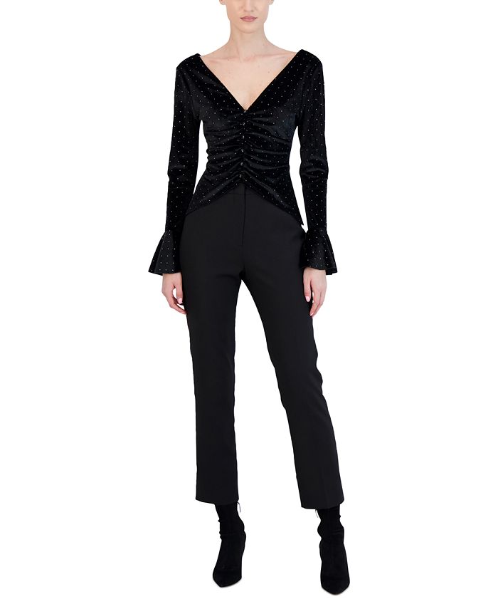 BCBGMAXAZRIA Women's Ruched Velvet Bell-Cuff Top - Macy's
