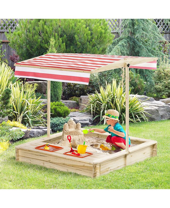 Outsunny Kids Wooden Sandbox w/ Adjustable Canopy Seats Backyard Beach ...