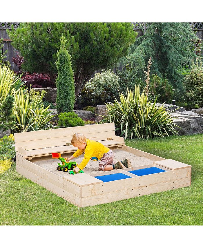 Outsunny Kids Wooden Sandbox Outdoor Backyard Playset w/ Bench Buckets ...