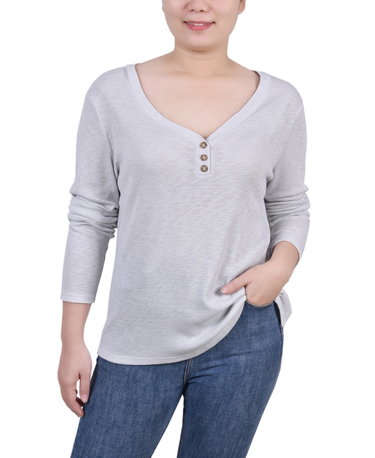 Click here for Ny Collection Petite Long Sleeve Ribbed Henley Top... prices