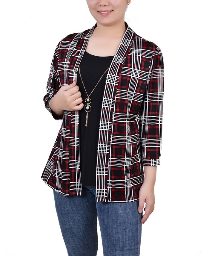 NY Collection Petite 3/4 Sleeve Two-Fer Top - Macy's